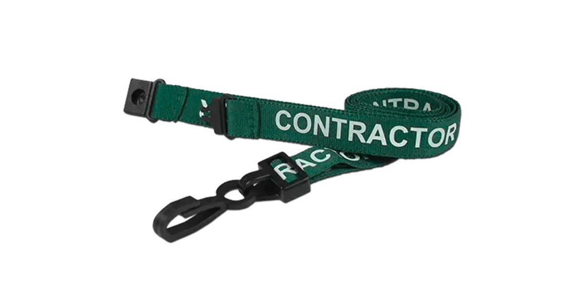 Green Contractor 15mm Lanyards with White Text - Plastic J Clip (Pack ...