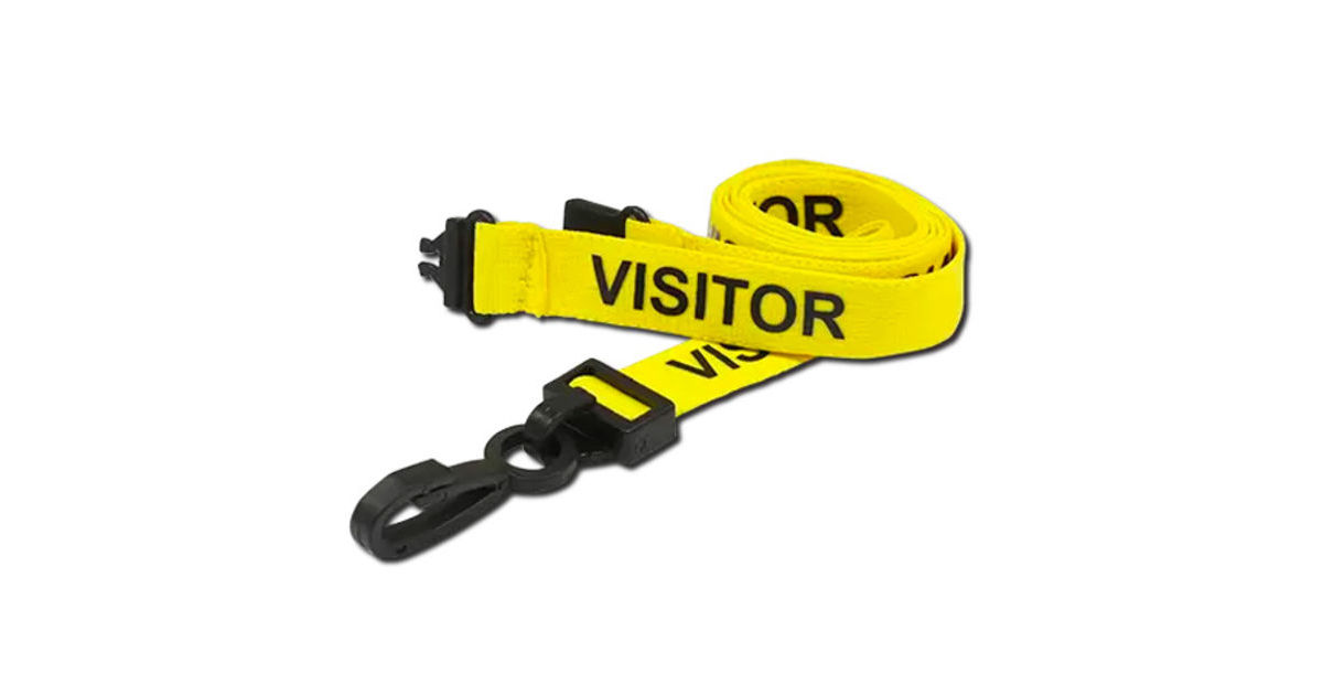 Yellow Visitor Lanyard 15mm - Black text - Plastic J Clip (Pack of 100)